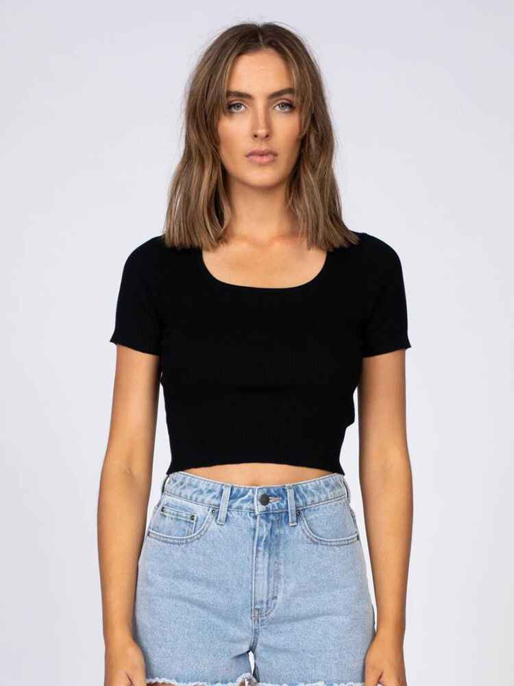 RUSTY LADIES CHARIS LOW NECKLINE KNIT TOP - BLACK - Womens-Top ...