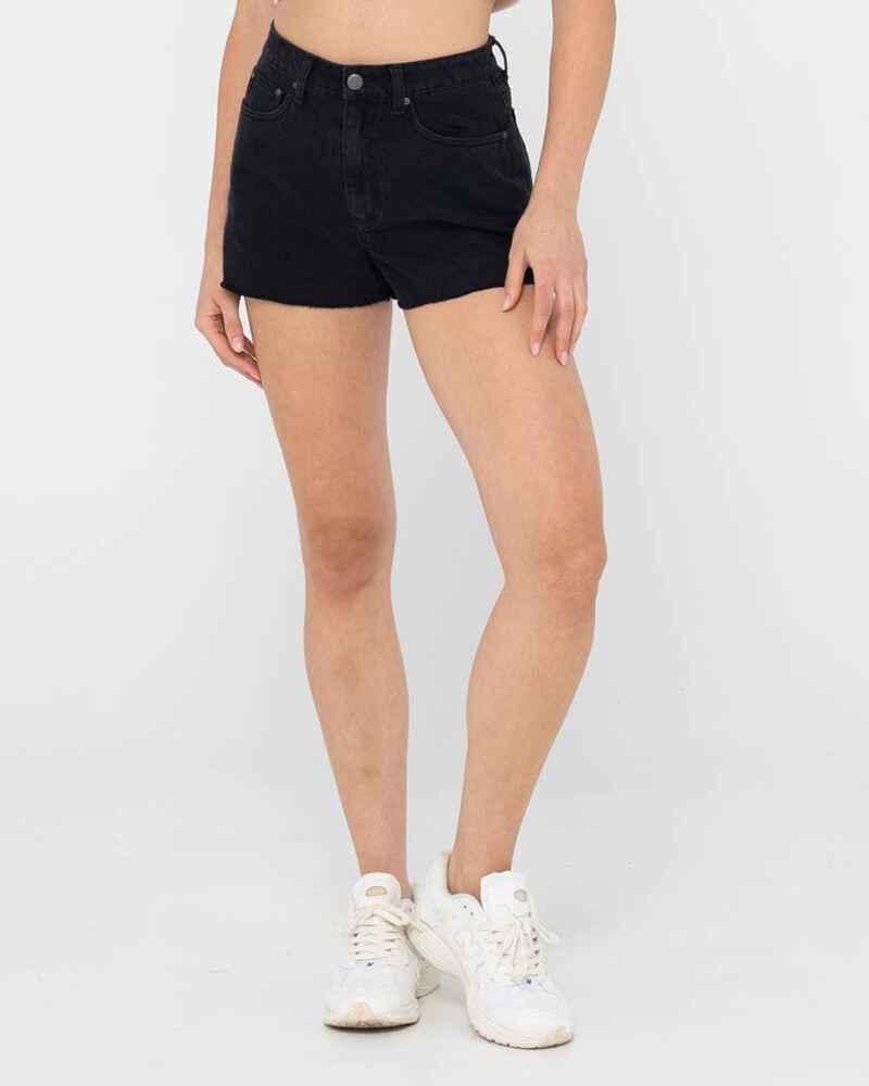 RUSTY LADIES FRANKIE FRAYED HIGH DENIM SHORT - BLACK - Womens-Bottoms ...
