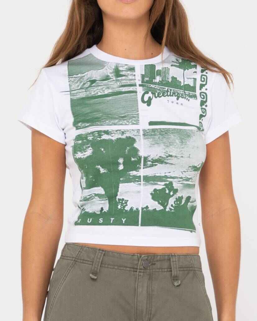 RUSTY LADIES GREETINGS SKIMMER BABY TEE - WHITE - Womens-Top : Sequence ...