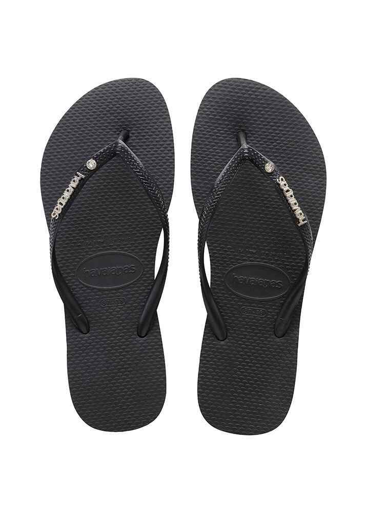 HAVAIANAS SLIM METAL LOGO CRYSTAL JANDAL - BLACK / BLACK - Footwear ...